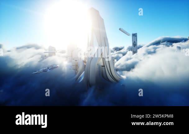 Futuristic sci fi city in clouds. Utopia. concept of the future. Flying ...