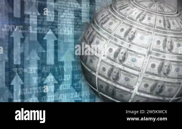 Animation of a globe made of us dollar bills spinning over data and ...