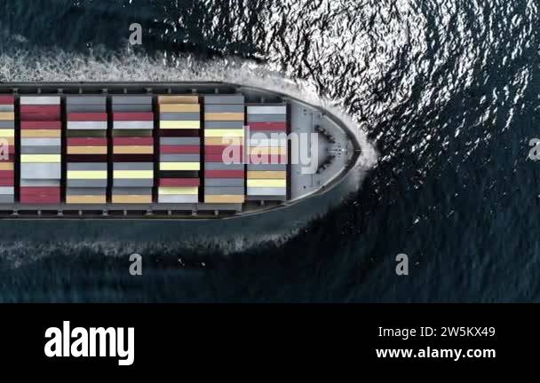 Cargo ship with containers in the Ocean- Aerial top down view , Freight ...