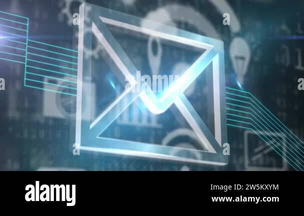 Animation of an envelope icon over multiple technological icons and ...