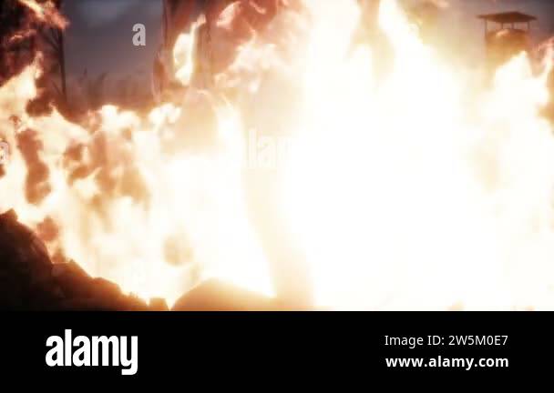 Alien, monster in a burning ruined apocalyptic city. Armageddon view ...