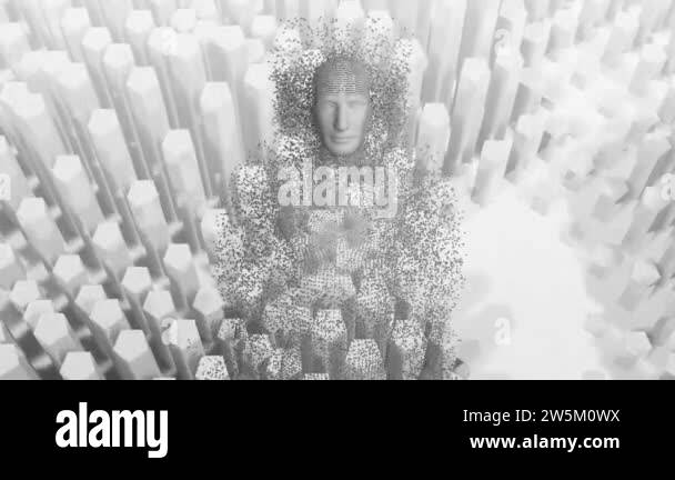 Animation of human body formed with exploding particles on 3d white ...