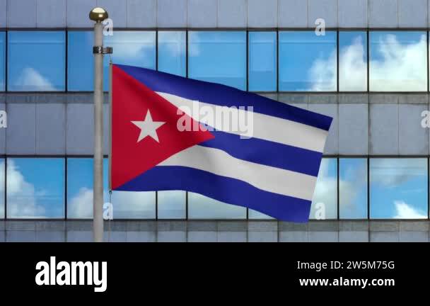 3D, Cuban flag waving on wind with modern skyscraper city. Cuba banner ...