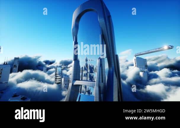 Futuristic sci fi city in clouds. Utopia. concept of the future. Flying ...