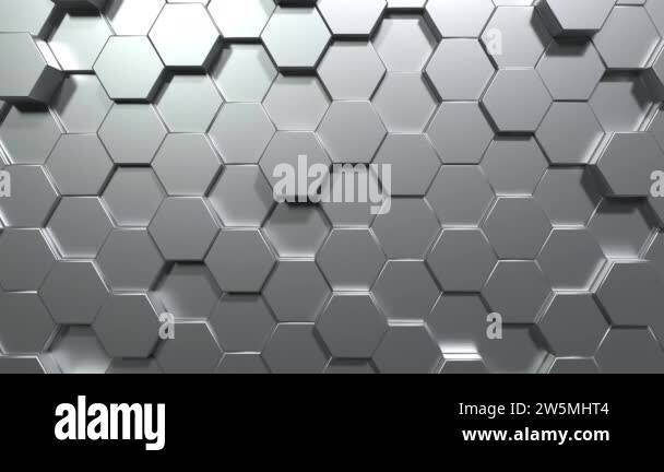 Silver hexagon honeycomb moving up and down randomly background. Grey abstract art and geometric ...