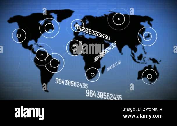 Digital animation of pulsating circles and changing numbers against world map on blue background ...