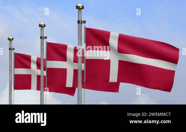 3D, Danish flag waving on wind with blue sky and clouds. Denmark banner ...