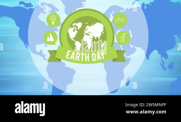Animation of earth day text and green globe logo over blue world map ...