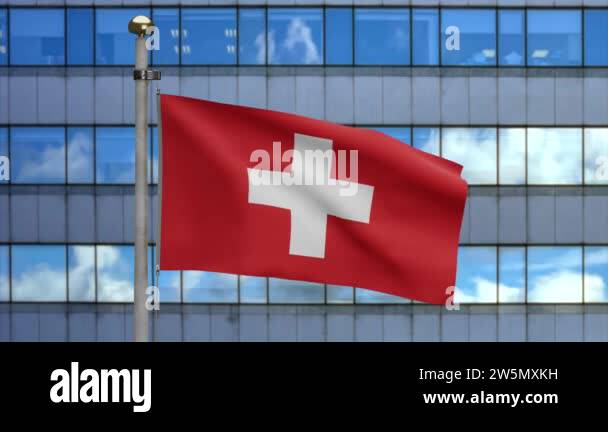 3D, Switzerland flag wavingon wind with modern skyscraper city. Close ...
