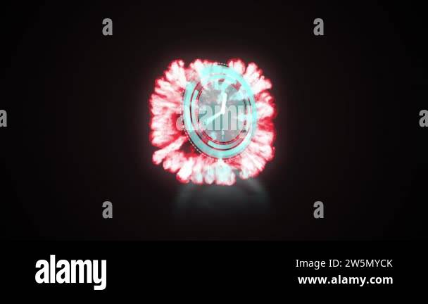 Animation of clock with turning hands and red smoke explosion, on black ...