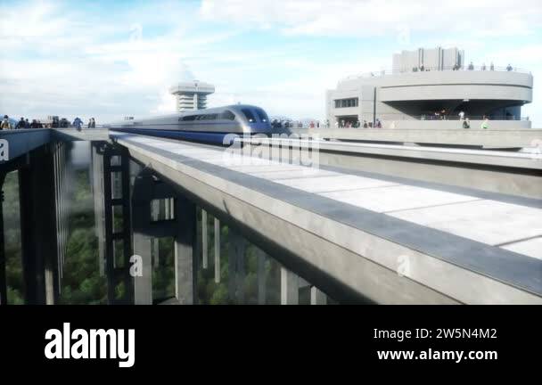 futuristic train station with monorail and train. traffic of people ...
