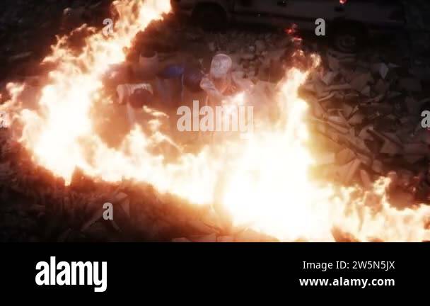 Alien, monster in a burning ruined apocalyptic city. Armageddon view ...