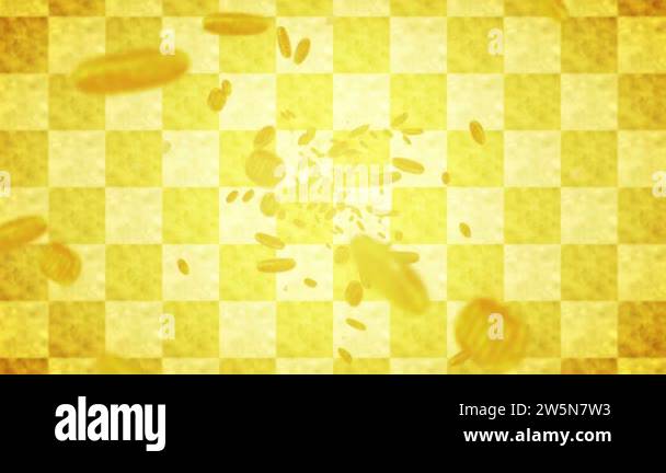 Flying many Koban coins on golden background. Japanese oval golden coin ...