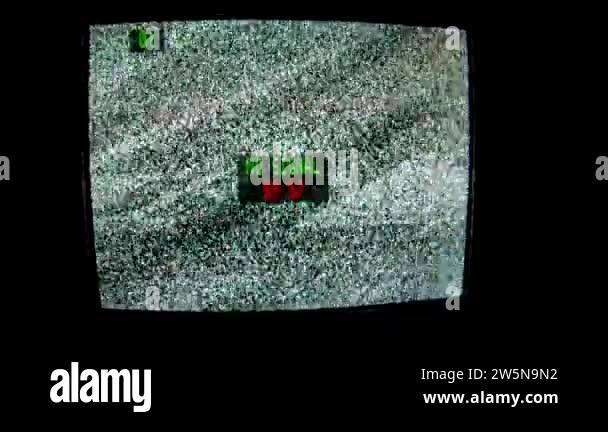 Old TV screen set displays static noise and message No Signal ...