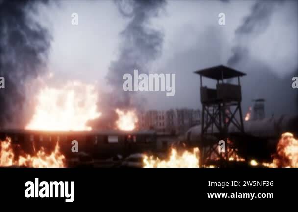 Alien, monster in a burning ruined apocalyptic city. Armageddon view ...