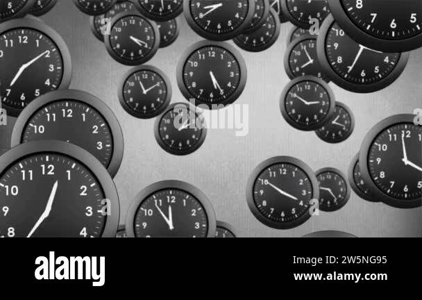 Animation of multiple black and white clock moving fast on grey ...