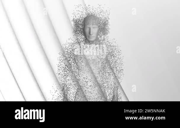 Animation of human body formed with exploding particles on 3d white ...