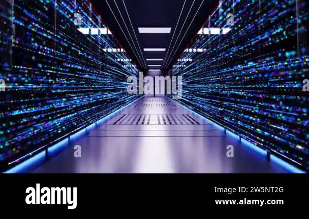 3D 4K Network and data power servers glass panels in a server room data ...