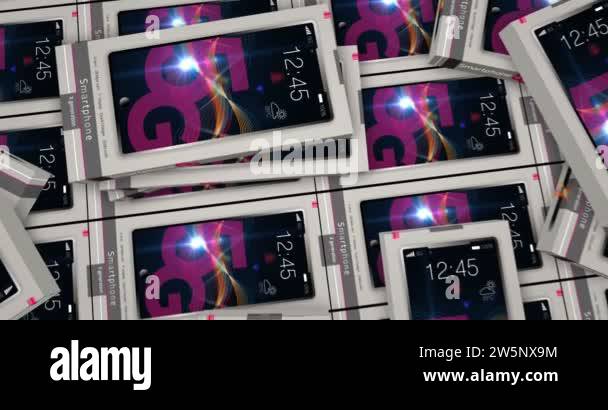 5G Smartphone pack production line. New mobile smart phone packing and ...