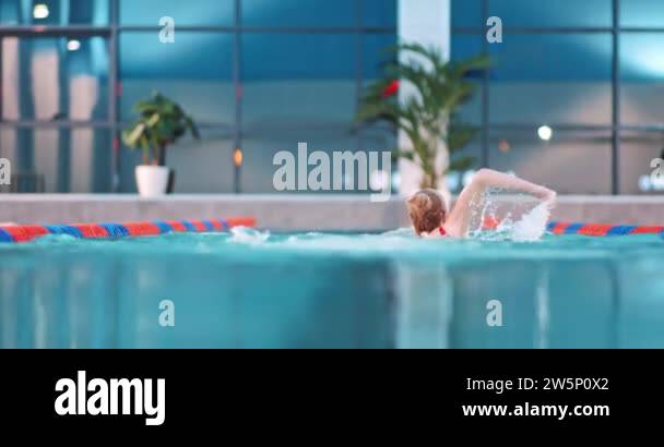 Female swimmer swims in the pool, young woman swimming and training in ...