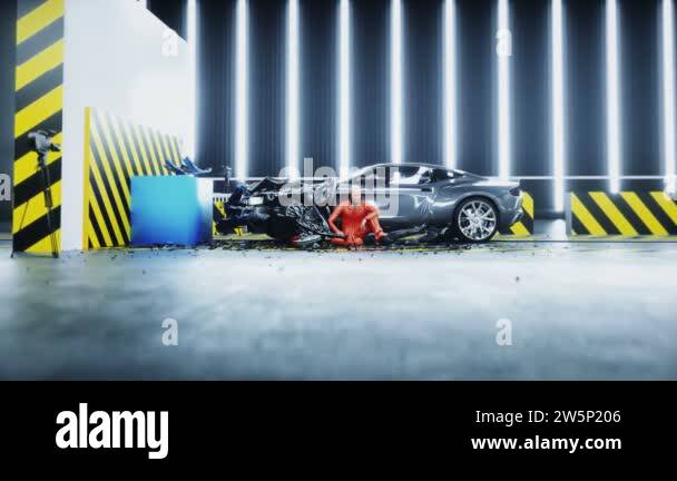 Robot crash test dummy sitting near destroyed car crash test. Future ...