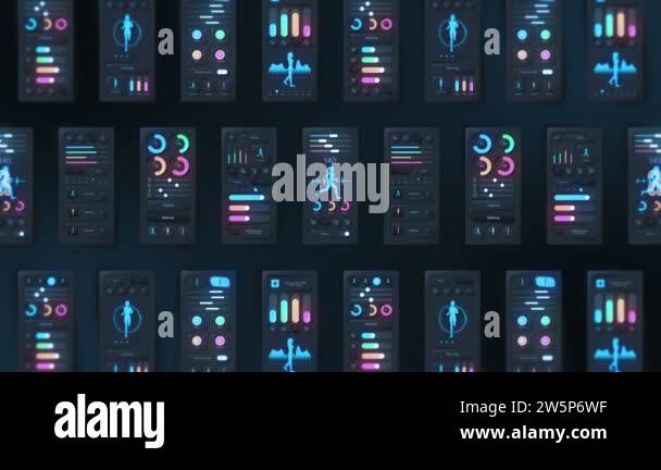Hi tech panel of fitness application on dark background. Running and sports concept. UI, UX, GUI ...