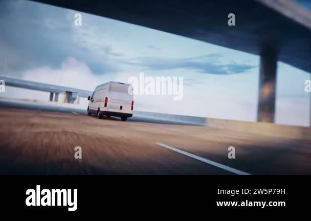 3d generic white delivery van on highway. Very fast driving. Delivery ...