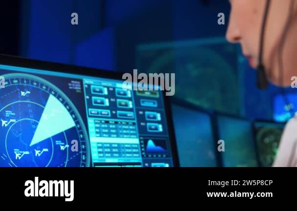 Workplace of the professional air traffic controller in the control ...