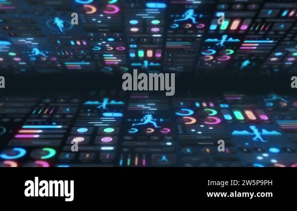 Hi tech panel of fitness application on dark background. Running and ...