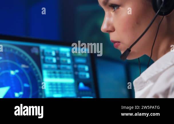 Workplace of the professional air traffic controller in the control ...