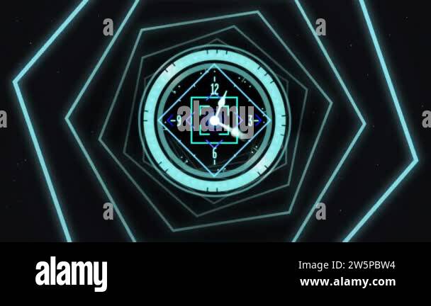 Animation of scope scanning with clock over geometrical shapes black background. global ...