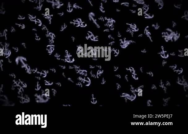 Flying many anchors on black background. Ship and boat anchor. Marine icon. 3D loop animation of ...