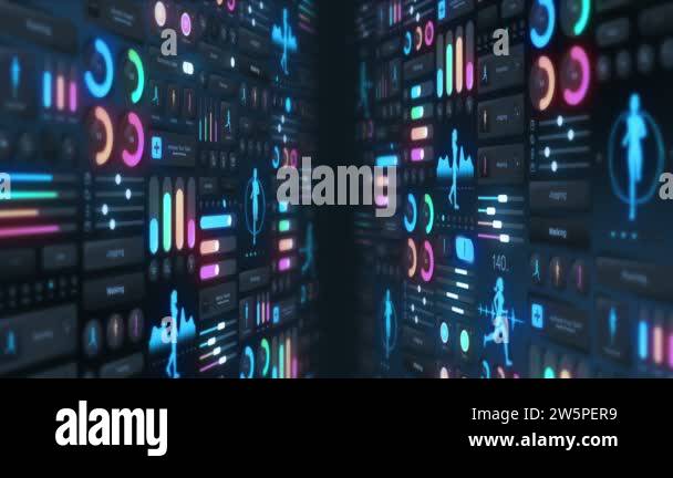 Hi tech panel of fitness application on dark background. Running and sports concept. UI, UX, GUI ...