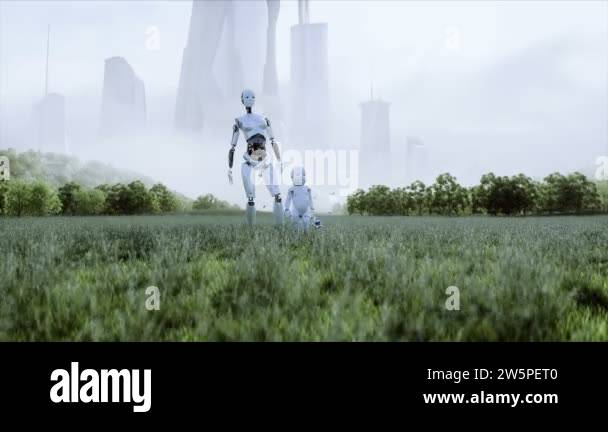 mother robot with her baby robot in the meadow on the background of a ...