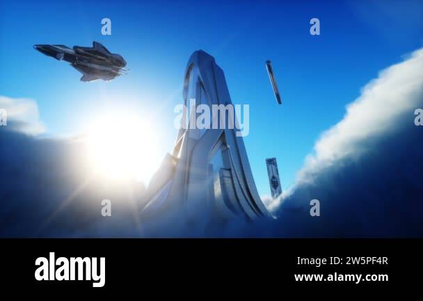 Futuristic sci fi city in clouds. Utopia. concept of the future. Flying ...