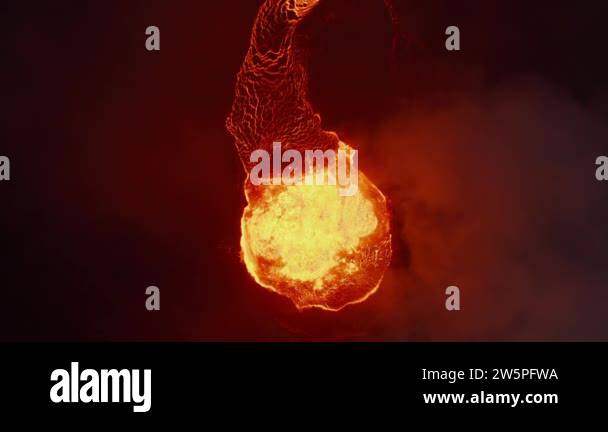 Aerial birds eye overhead top down panning view of hot magma eruption ...