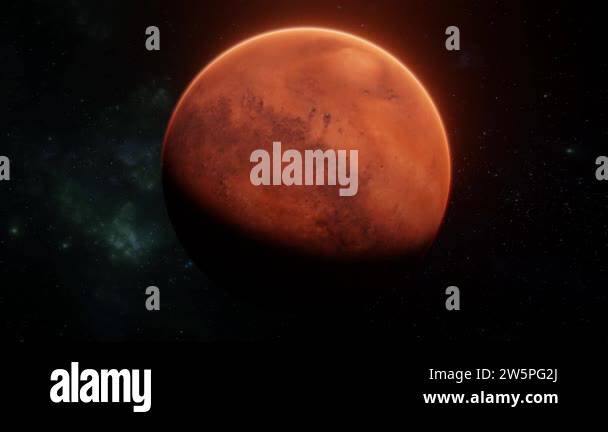 Mars red planet spinning around axis in space over stars and nebula ...