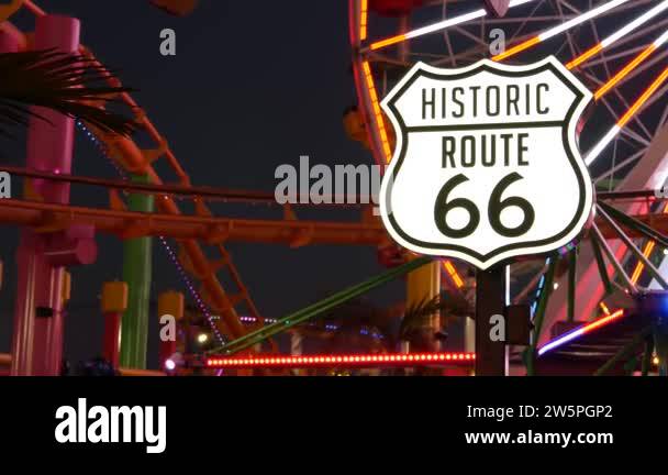 SANTA MONICA, LOS ANGELES, USA - 28 OCT 2019: Iconic road sign glowing ...