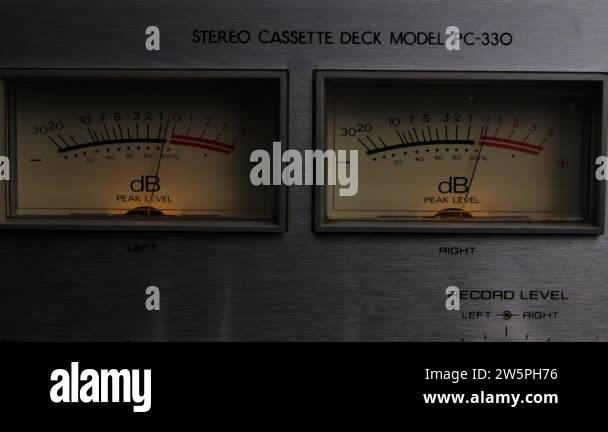 Extreme close up of indicator dB decibel meter needle movement reading ...