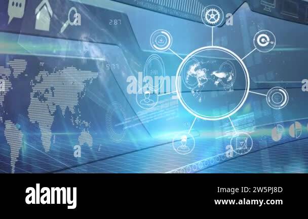Animation of globe spinning with connected technological icons over a ...