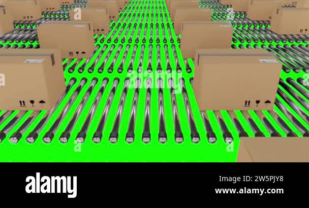 Rows of cardboard packing boxes moving on conveyor belts with green ...