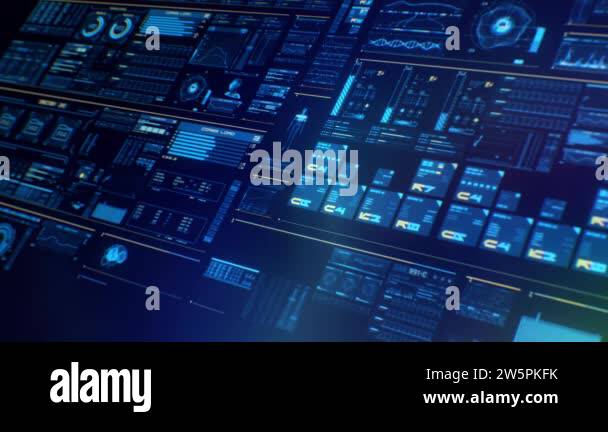 Perspective view of azure futuristic interface with digital elements, folders, histograms ...