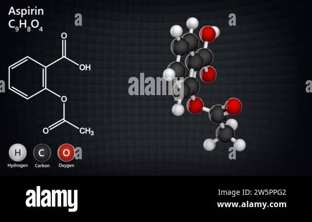 Aspirin (ASA) molecule ball and stick model - C9H8O4. 3D render ...