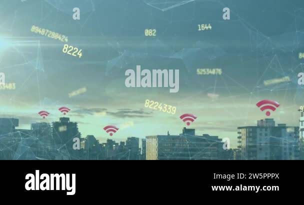 Animation of floating numbers with net of connection and net icons over a cityscape. digital ...