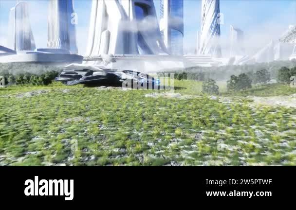 futuristic ship and sci fi city. Future concept. Aerial view. 3d ...