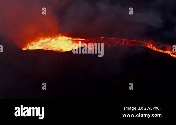Close-up view of top of active volcano. Boiling magma in crater and hot ...