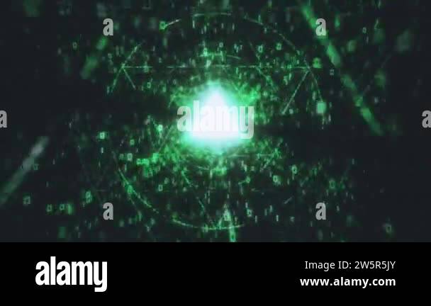 3D Big Data Digital Tunnel triangle with futuristic matrix. Network of particles with binary ...