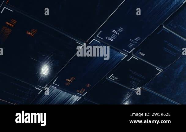 Blocks of program code flying in virtual space divided into different ...