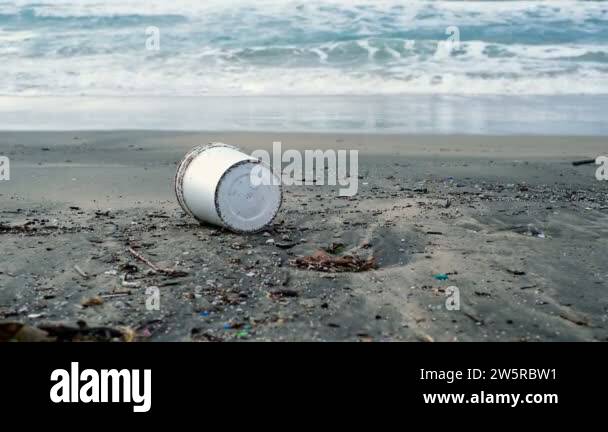 Plastic container waste and tar pollution on stormy sea coast ...