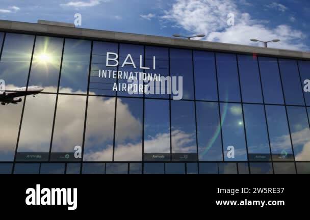 Jet aircraft landing at Bali, Indonesia 3D rendering animation. Arrival ...